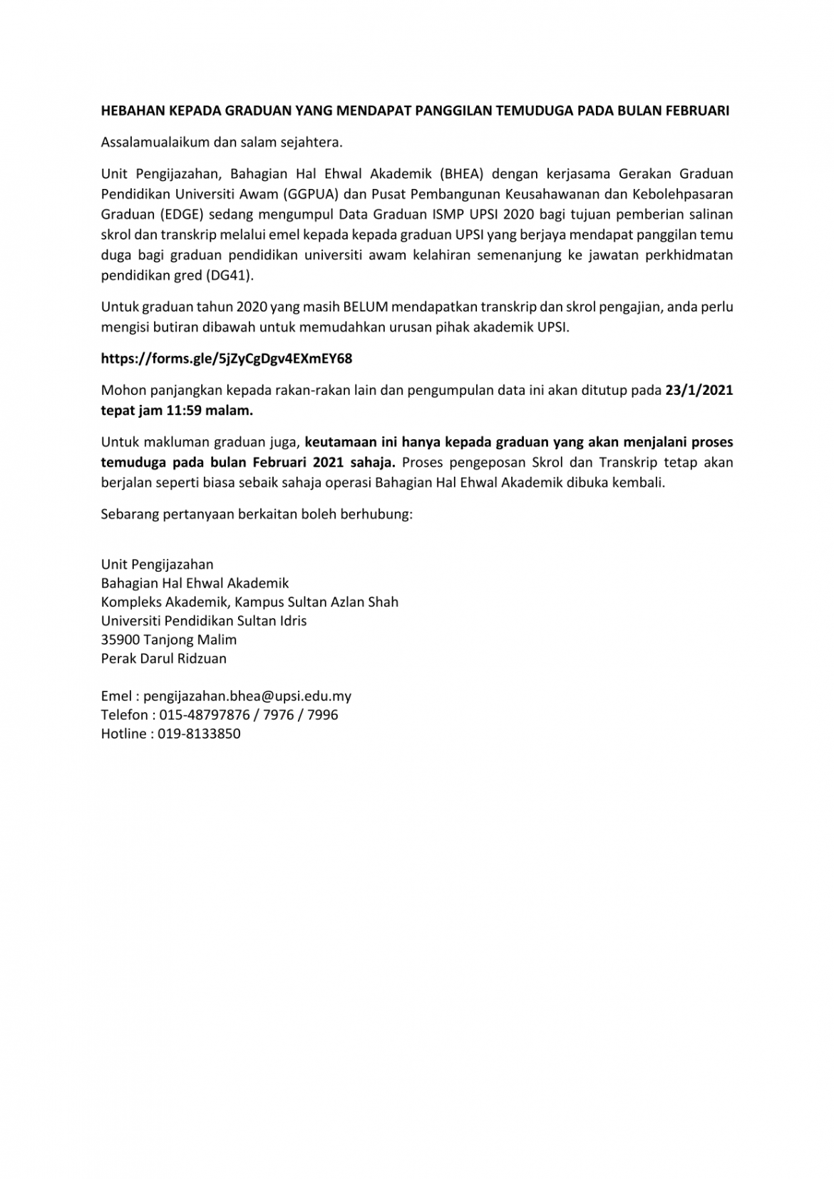 GRADUATION UNIT – UPSI | Bahagian Hal Ehwal Akademik