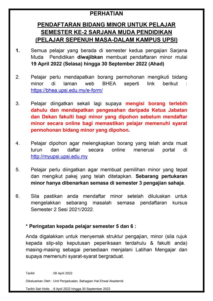 SCHEDULING UNIT – UPSI | Bahagian Hal Ehwal Akademik